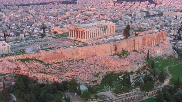 Aerial view of Acropolis of Athens, the Temple of Athena Nike, Parthenon, Hekatompedon Temple ...