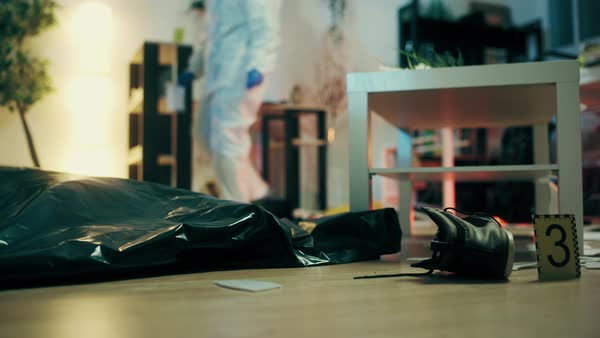 Crime lab worker collecting evidence at crime scene, murder ...