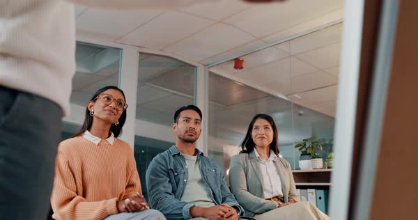 Speaker teaching, hand or presentation in workshop, mentorship or conference for audience in ...