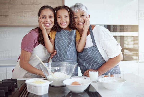 Baking, cooking or girl bonding with family in kitchen for breakfast food or learning sweet ...