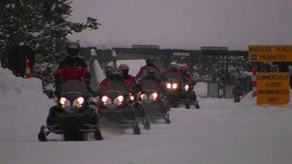 A snowmobile train heads through deep snow in Yellowstone National Park ...