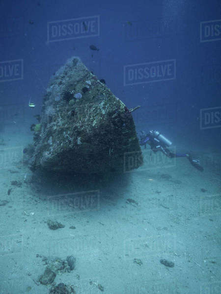 Scuba diver observes sunken rock overgrown with seaweed on turquoise ...