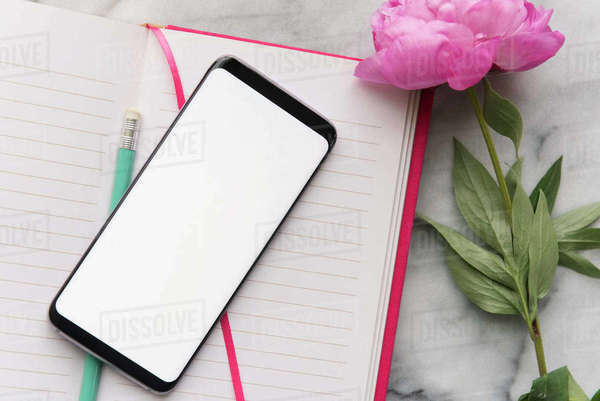 Smart phone and flower on note pad - Royalty-free Stock Photo | Dissolve