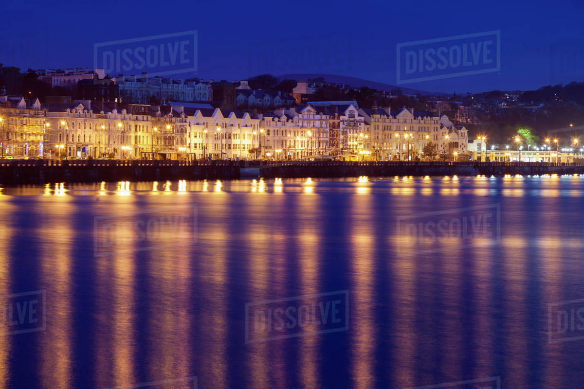 Buildings at night along waterfront of Douglas, Isle of Man - Royalty ...