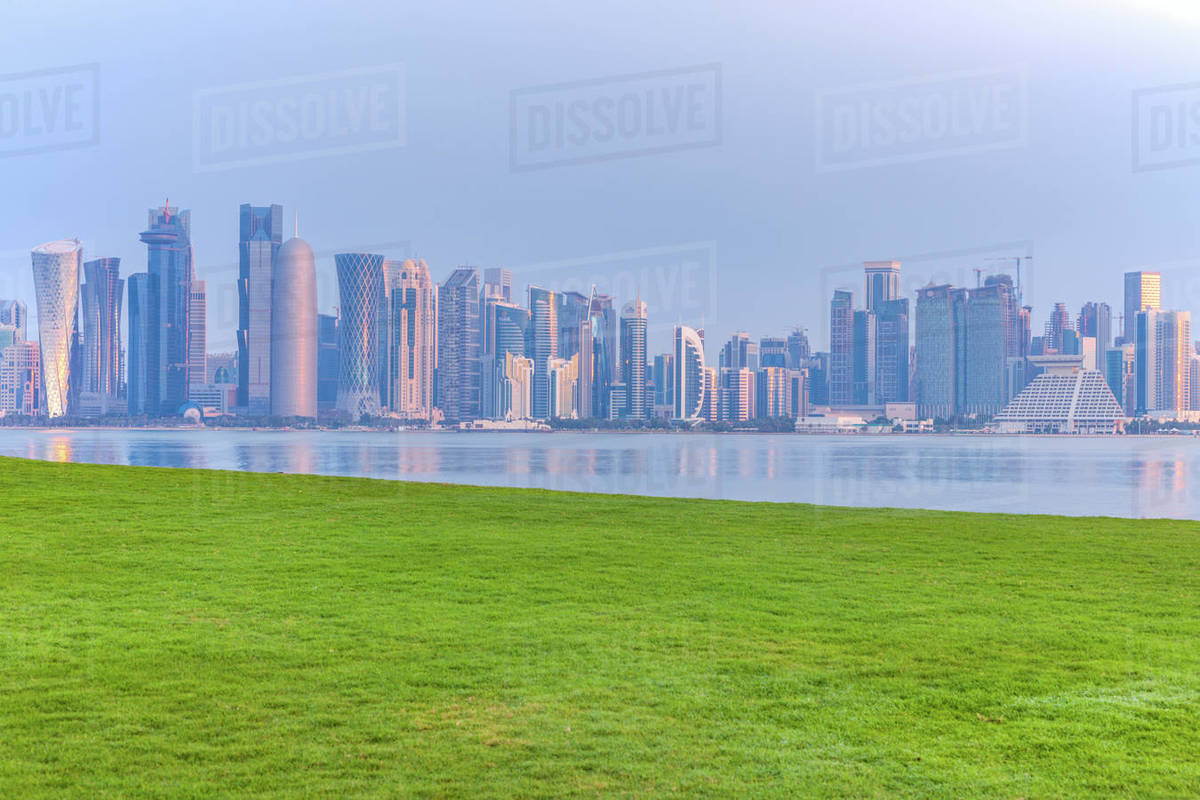 Lawn by skyline of Doha, Qatar - Royalty-free Stock Photo | Dissolve