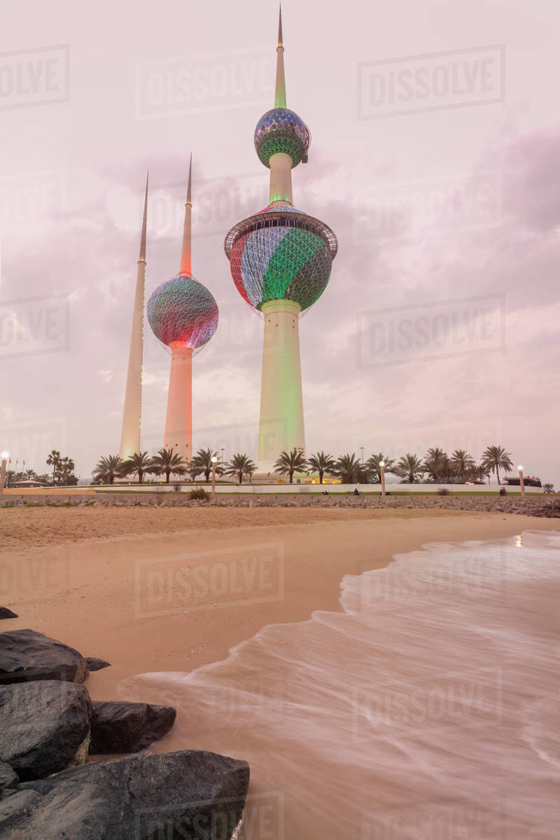Kuwait Towers at sunset in Kuwait City, Kuwait - Royalty-free Stock ...
