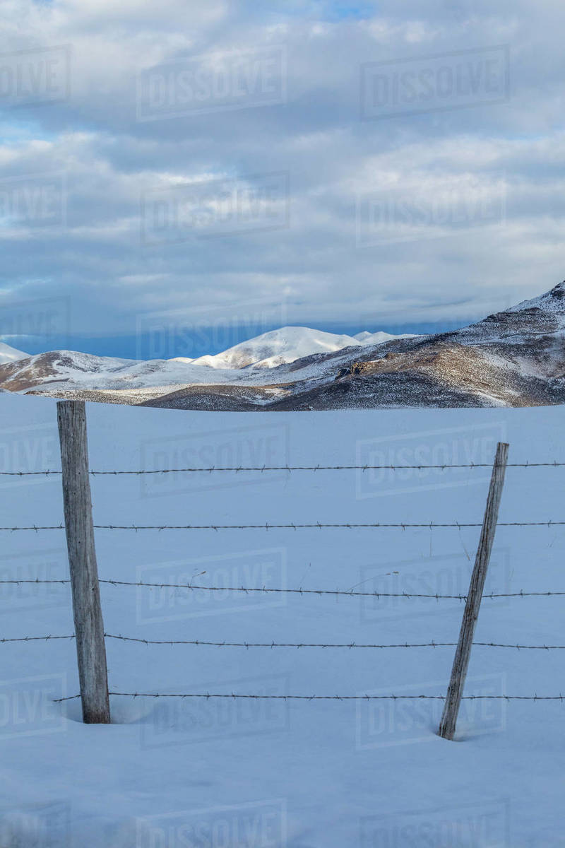 Barbed wire fence in snow with mountains in distance - Royalty-free ...