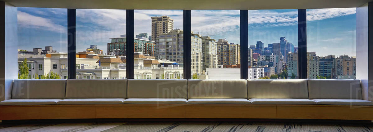 USA, Washington, Seattle, Skyline seen through large window - Royalty ...