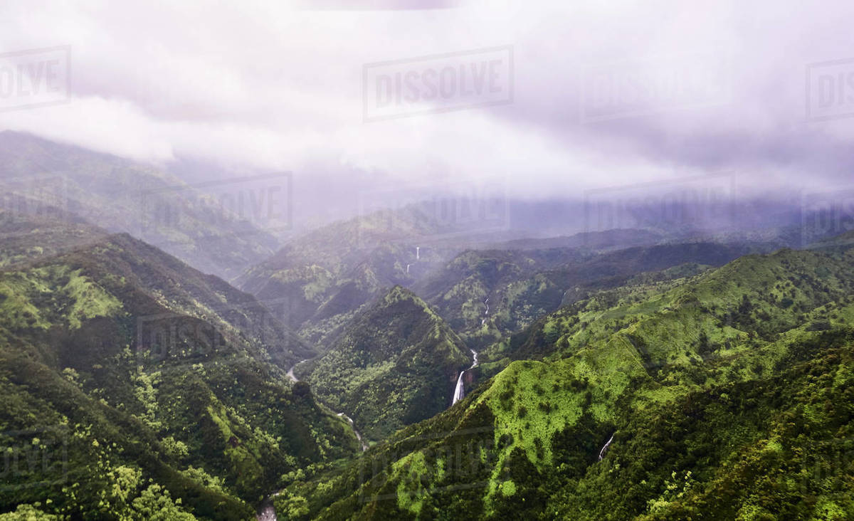 USA, Hawaii, Kauai, Na Pali, Waterfall in mountains - Stock Photo ...