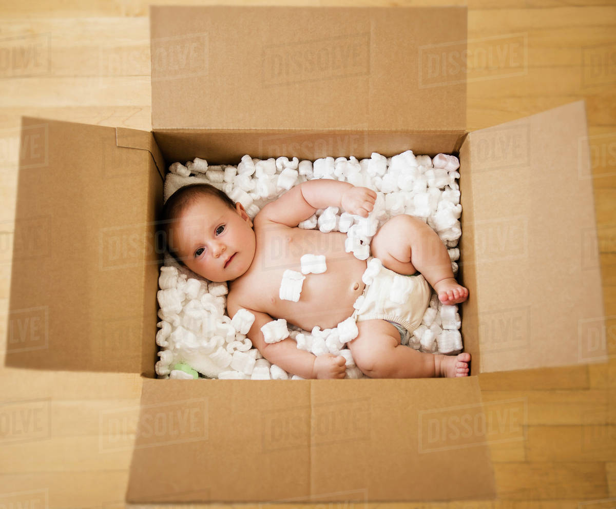 Baby girl (2-5 months) in cardboard box - Stock Photo - Dissolve
