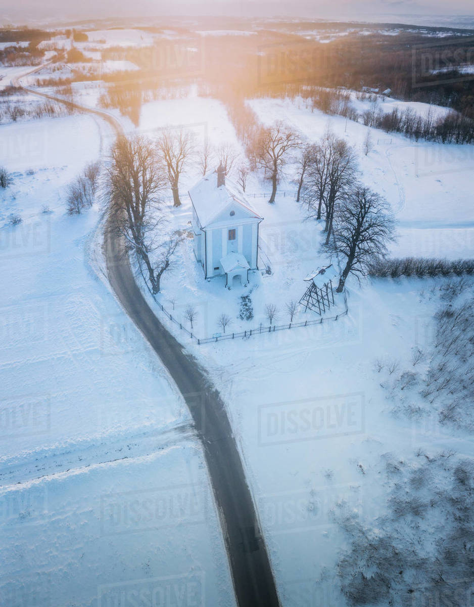 Poland, Subcarpathia, Malawa, Aerial view of village in winter ...