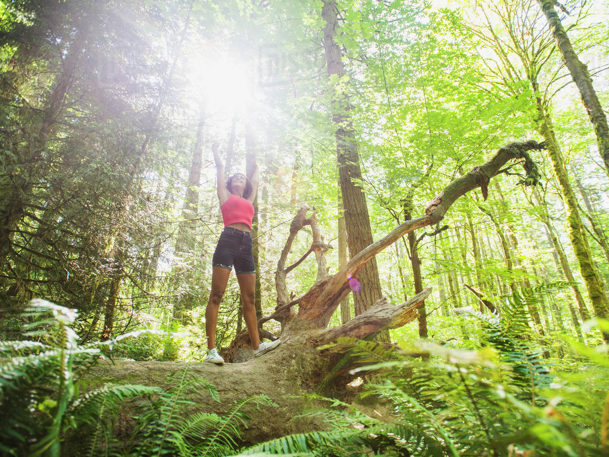 Young woman standing on log in forest - Royalty-free Stock Photo | Dissolve