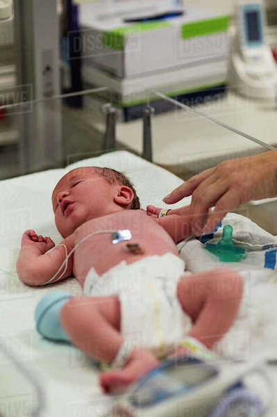 Infant baby girl (0-1 months) being examined with electrodes - Royalty ...