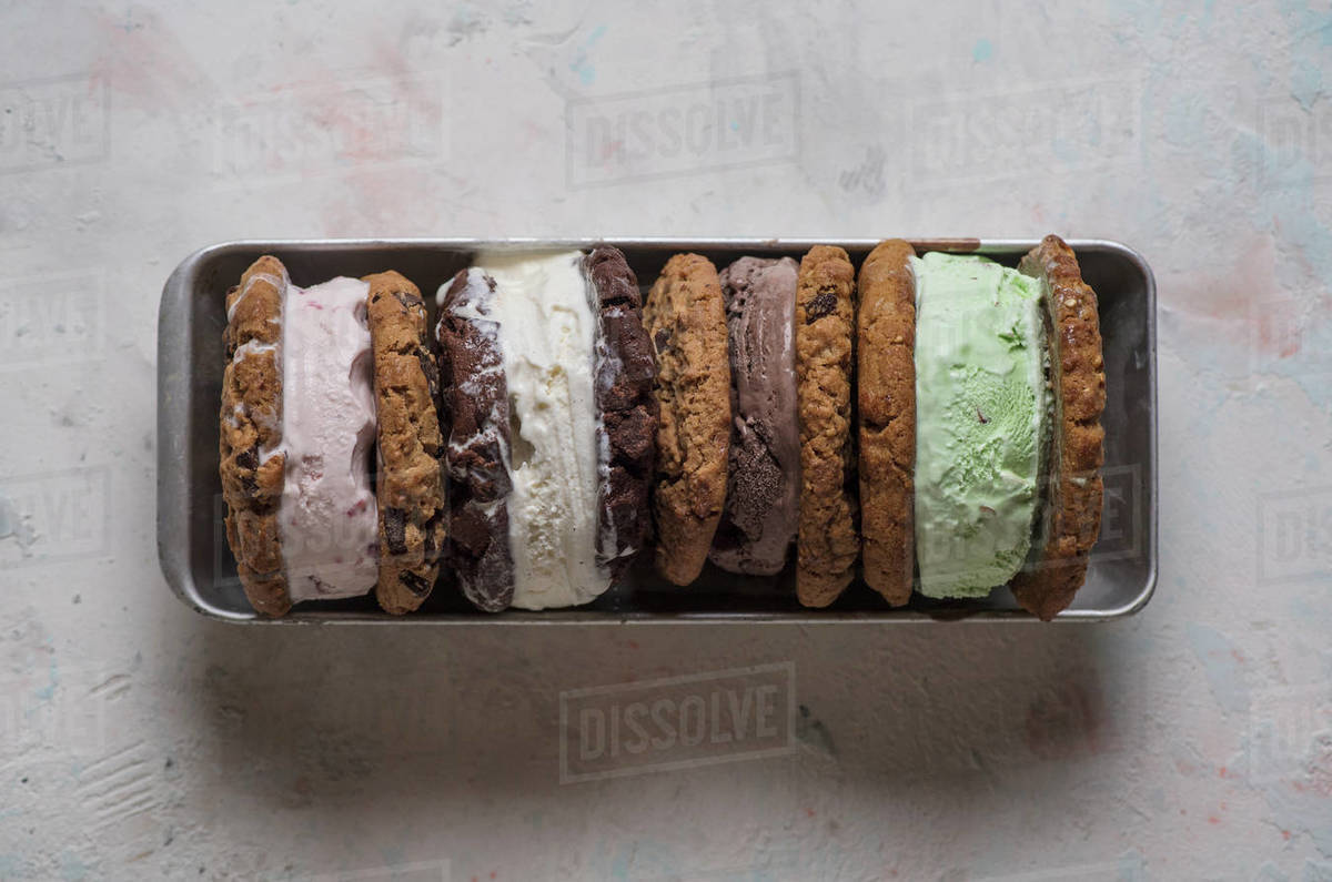 Overhead view of homemade ice cream sandwiches - Stock Photo - Dissolve