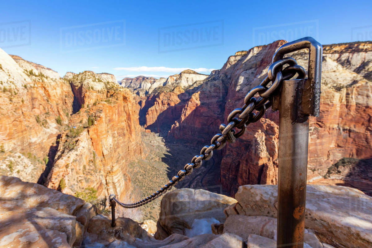 United States, Utah, Zion National Park, Chains to assist hikers up ...