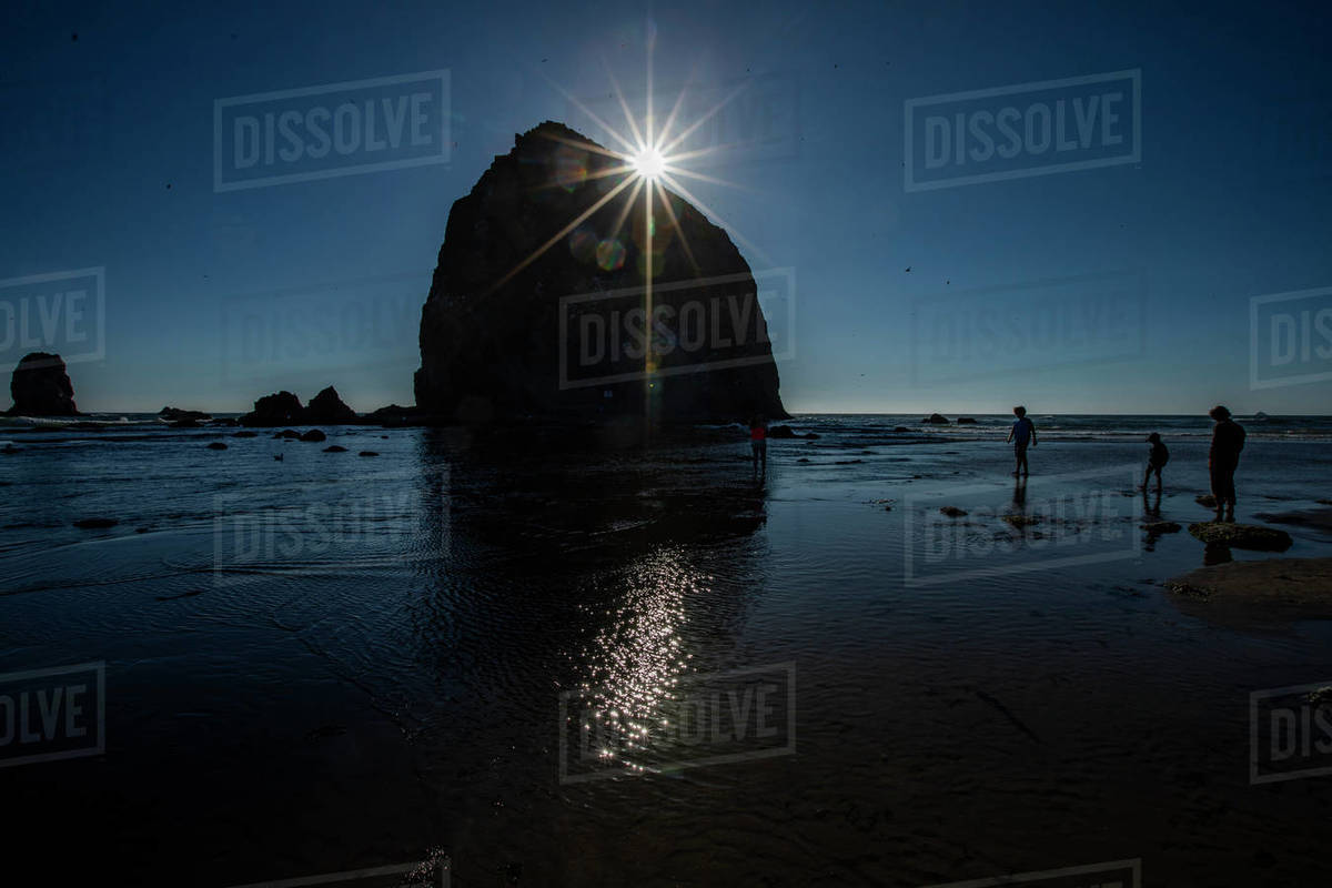 USA, Oregon, Silhouette of Haystack Rock at Cannon Beach - Stock Photo ...