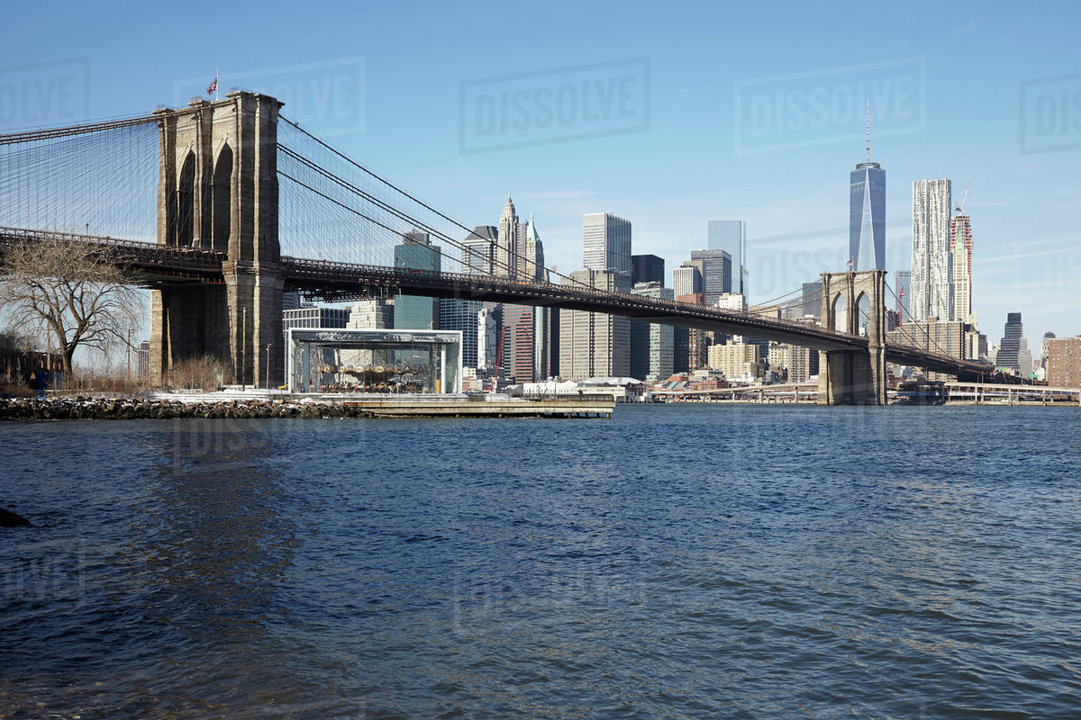 View of waterfront cityscape with suspension bridge - Royalty-free ...