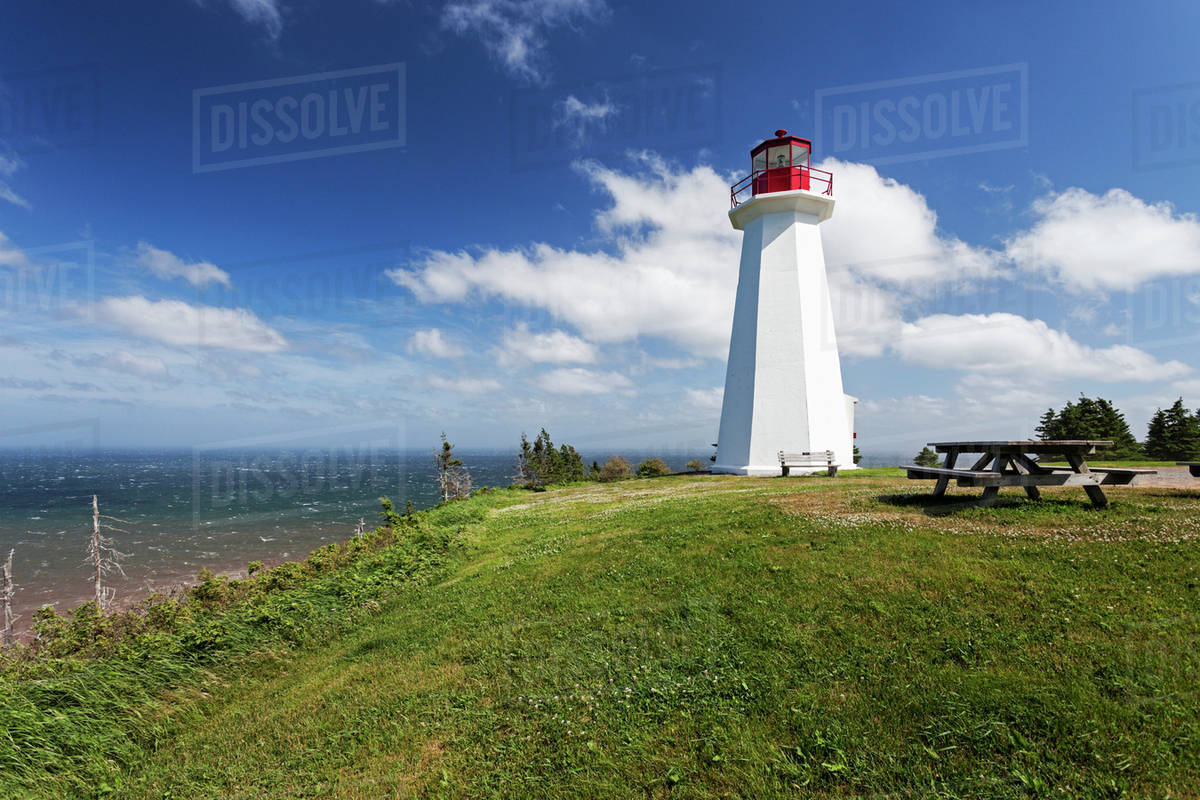 Cape George Lighthouse on green seaside cliff - Royalty-free Stock ...