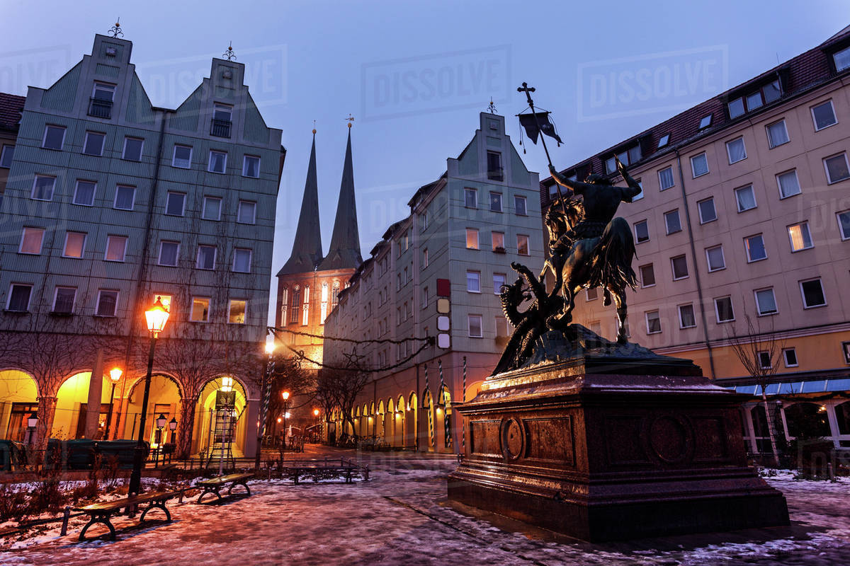 Equestrian statue on illuminated town square - Royalty-free Stock Photo ...