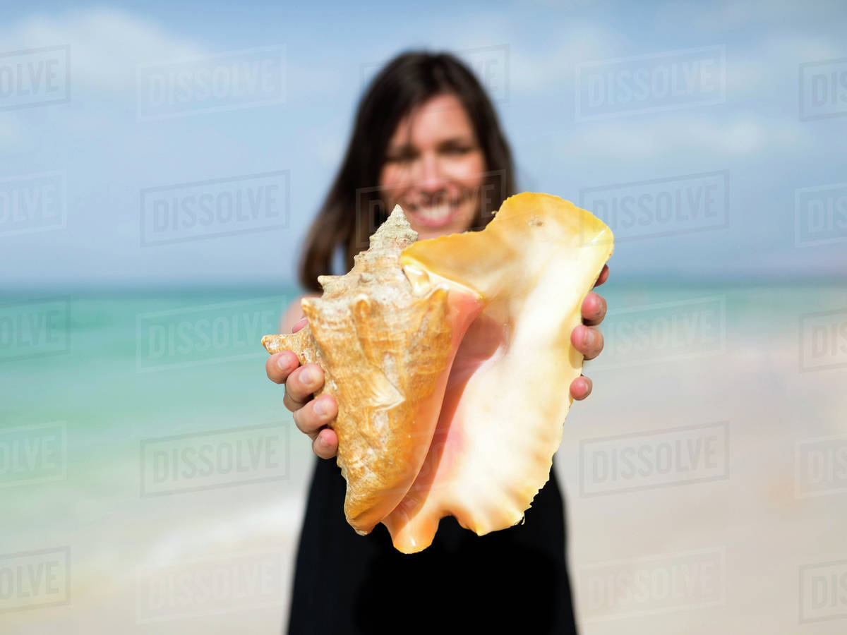 Woman holding seashell on beach - Royalty-free Stock Photo | Dissolve