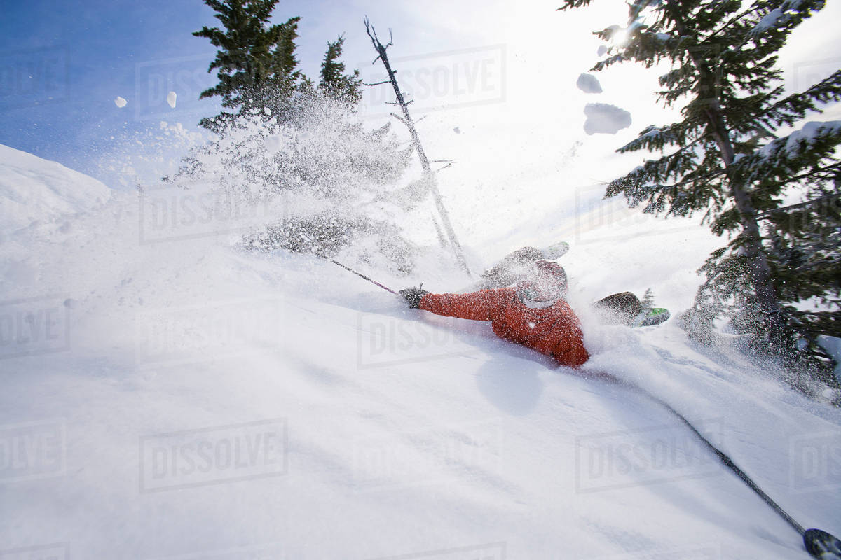 Man collapsing on powder snow while skiing - Royalty-free Stock Photo ...