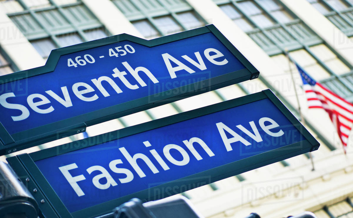 USA, New York, New York City, Street sign for Fashion Avenue and ...