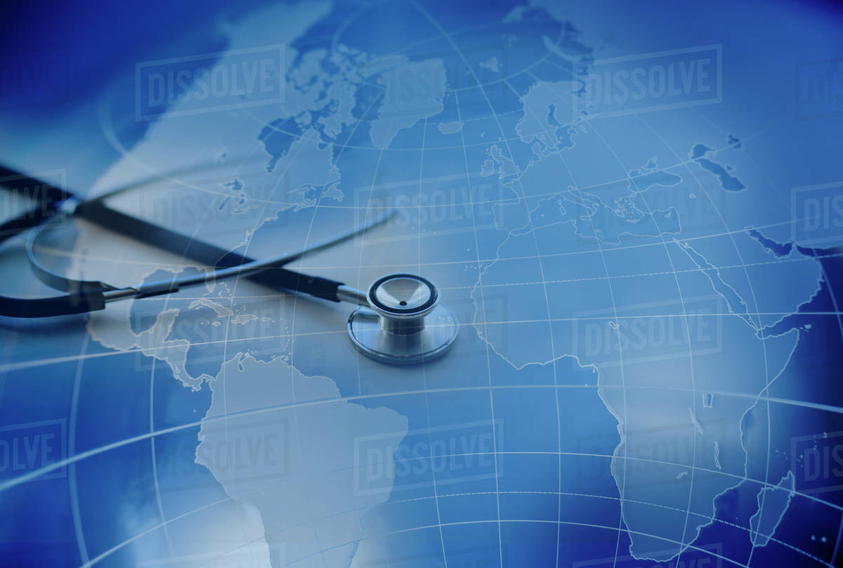 Close up of stethoscope with world map in background - Stock Photo ...