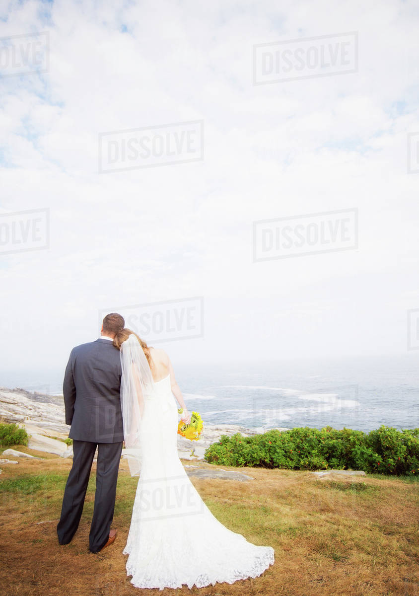 Rear view of married couple standing by sea - Royalty-free Stock Photo ...