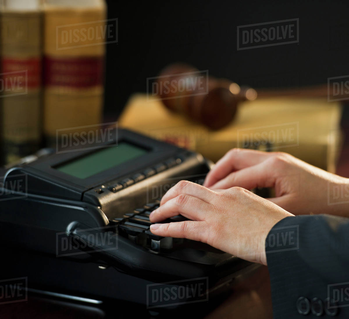 USA, Jersey City, New Jersey, court stenographer using stenograph ...