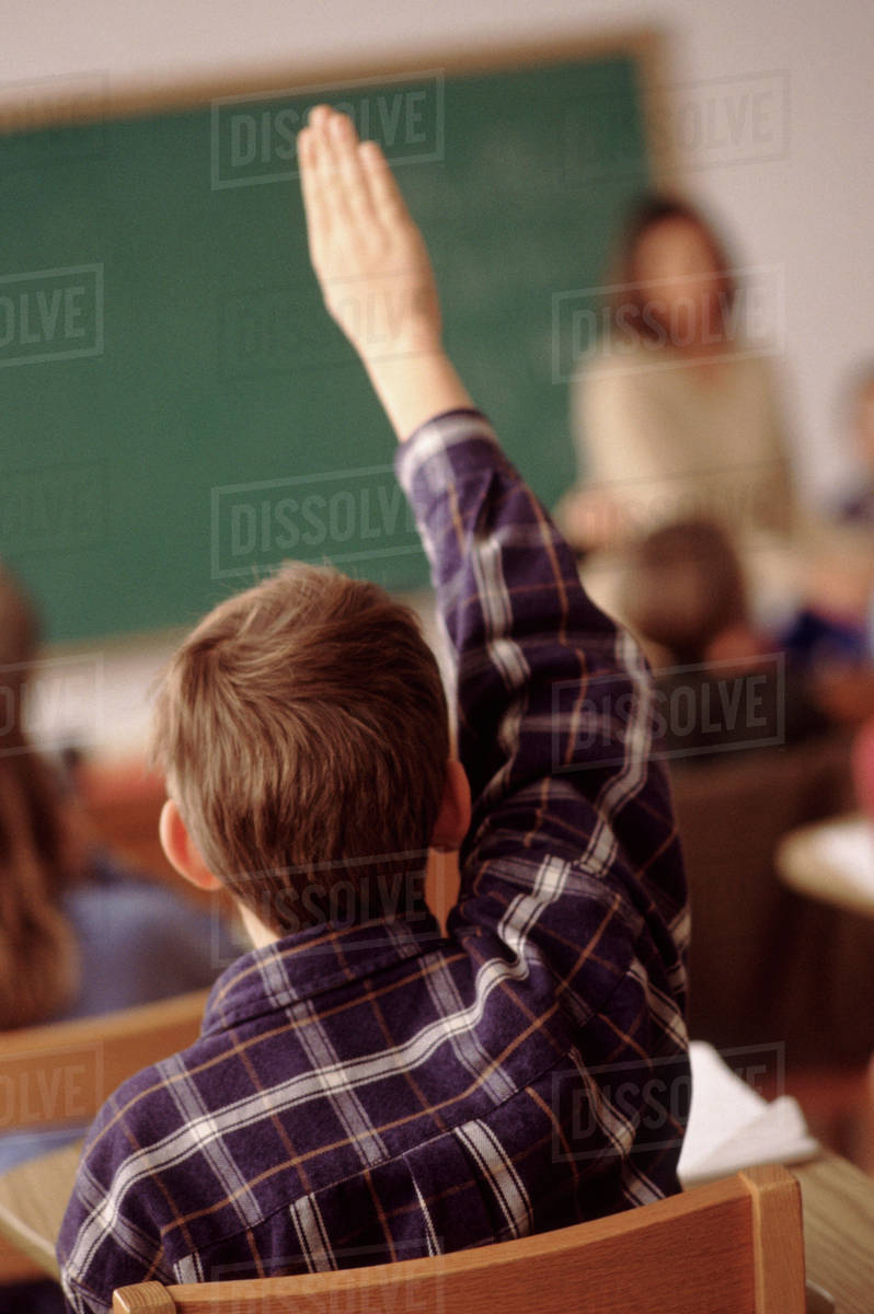 Child raising his hand in school classroom - Stock Photo - Dissolve