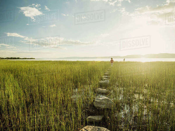 Small girl and boy (4-5) walking on stepping stones in meadow - Royalty ...