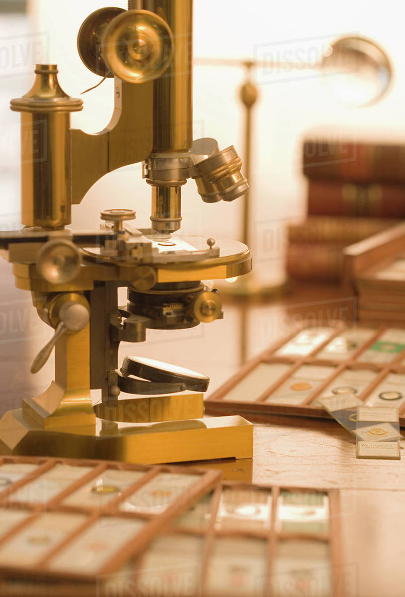 Old fashioned microscope and slides - Stock Photo - Dissolve