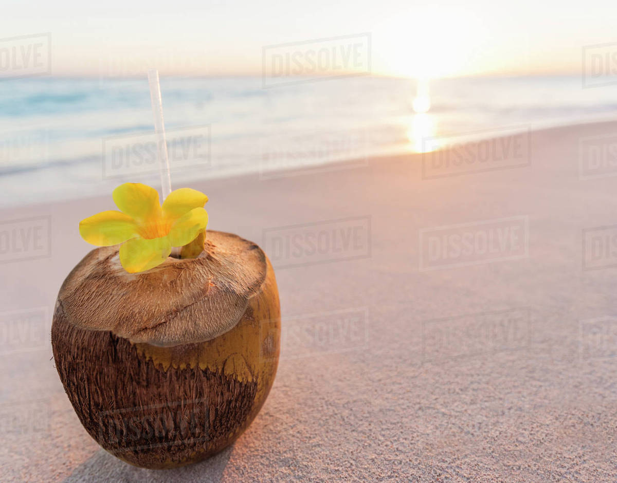 Tropical cocktail in coconut shell on sandy beach - Royalty-free Stock ...