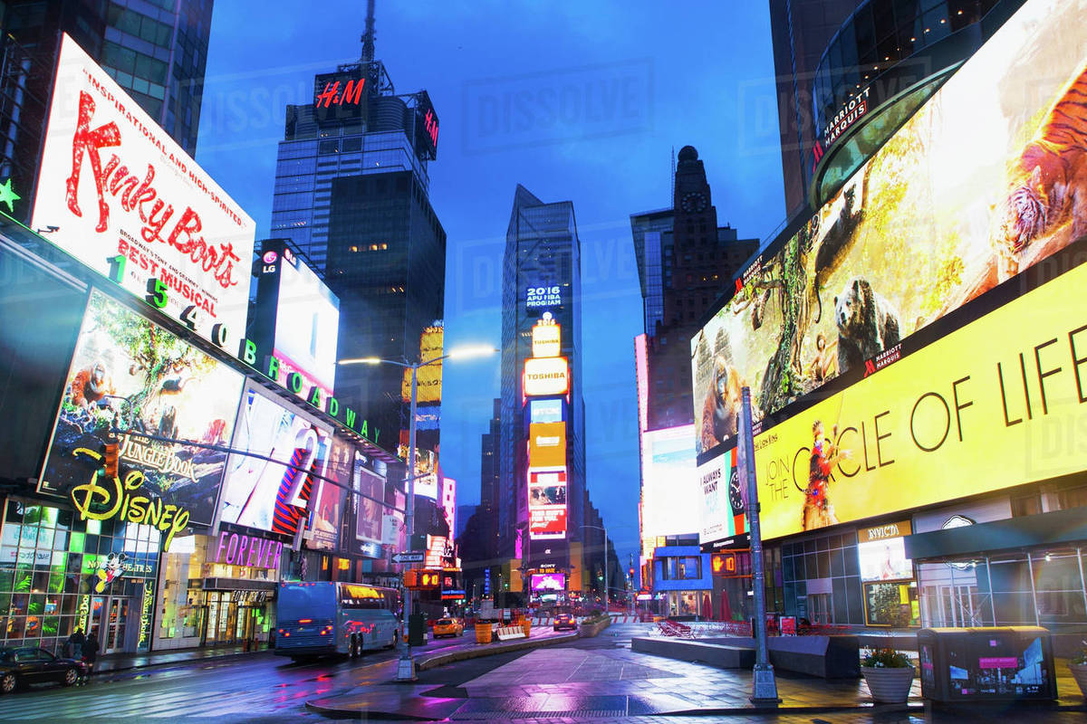 New York City, Times Square, Neon lights and ads of Times Square ...