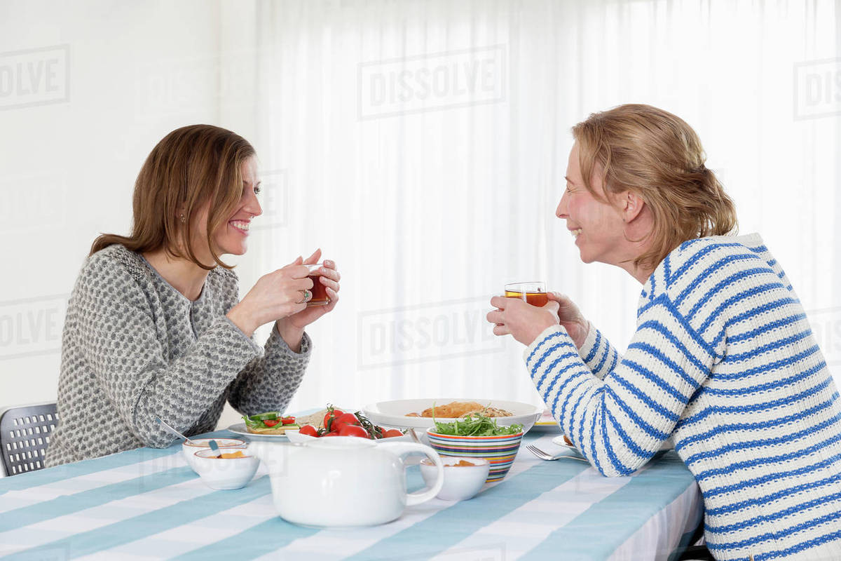 Women at laid table in dining room - Stock Photo - Dissolve