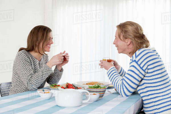 Women at laid table in dining room - Stock Photo - Dissolve