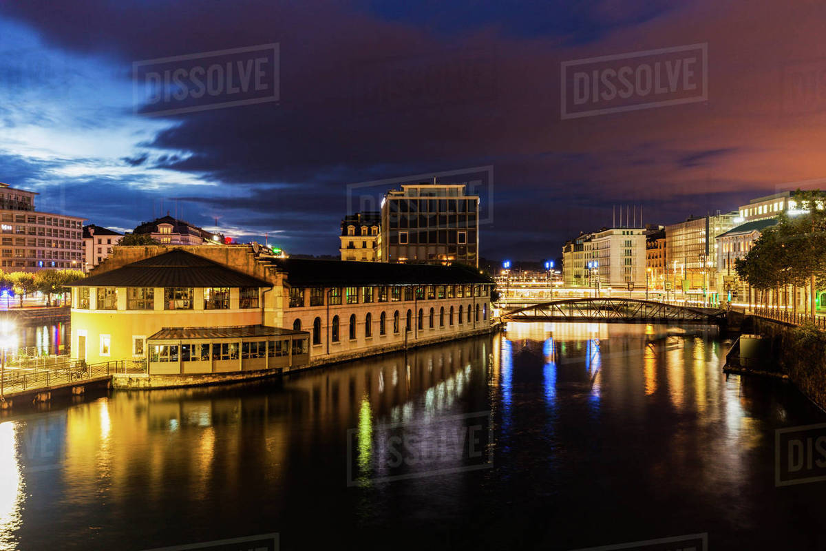 Switzerland, Geneva, Architecture of Geneva along Rhone River - Stock ...
