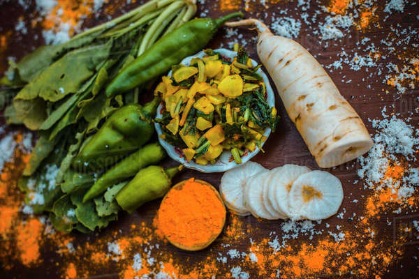 Close up of popular Indian & Asian white radish salad or muli ka ...
