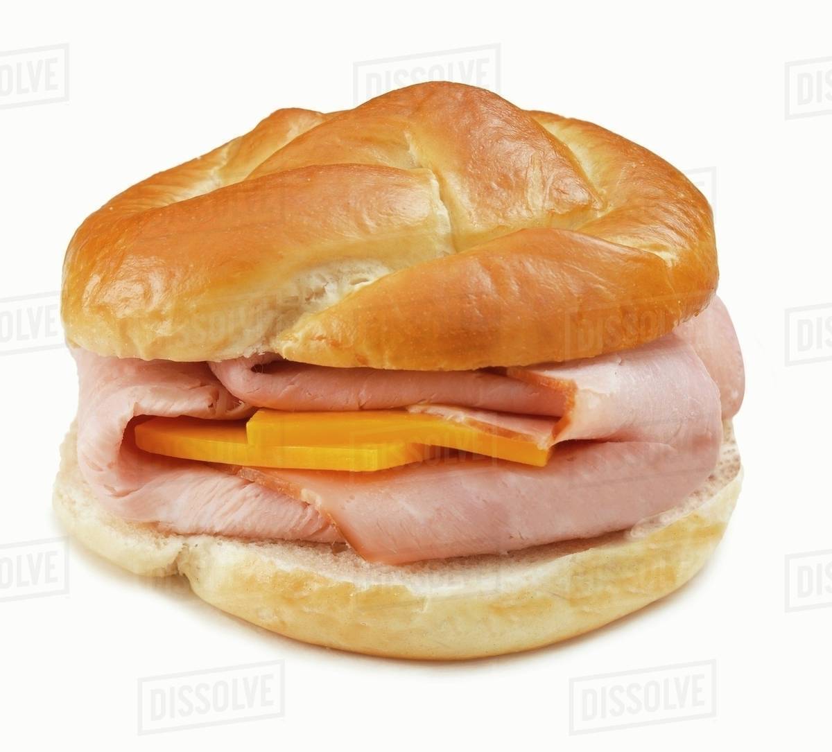 Ham and Cheese Sandwich on Pretzel Roll; White Background - Stock Photo ...