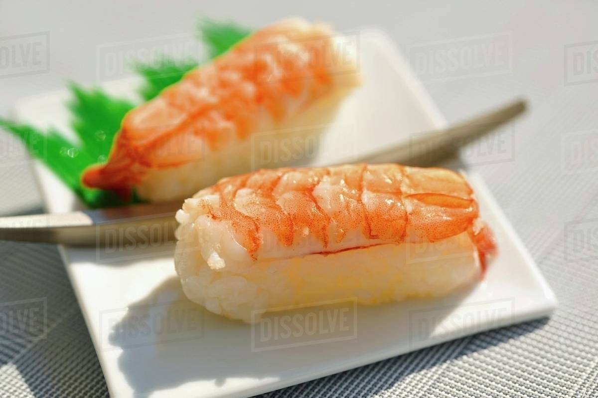 Two prawn nigiri sushi - Stock Photo - Dissolve