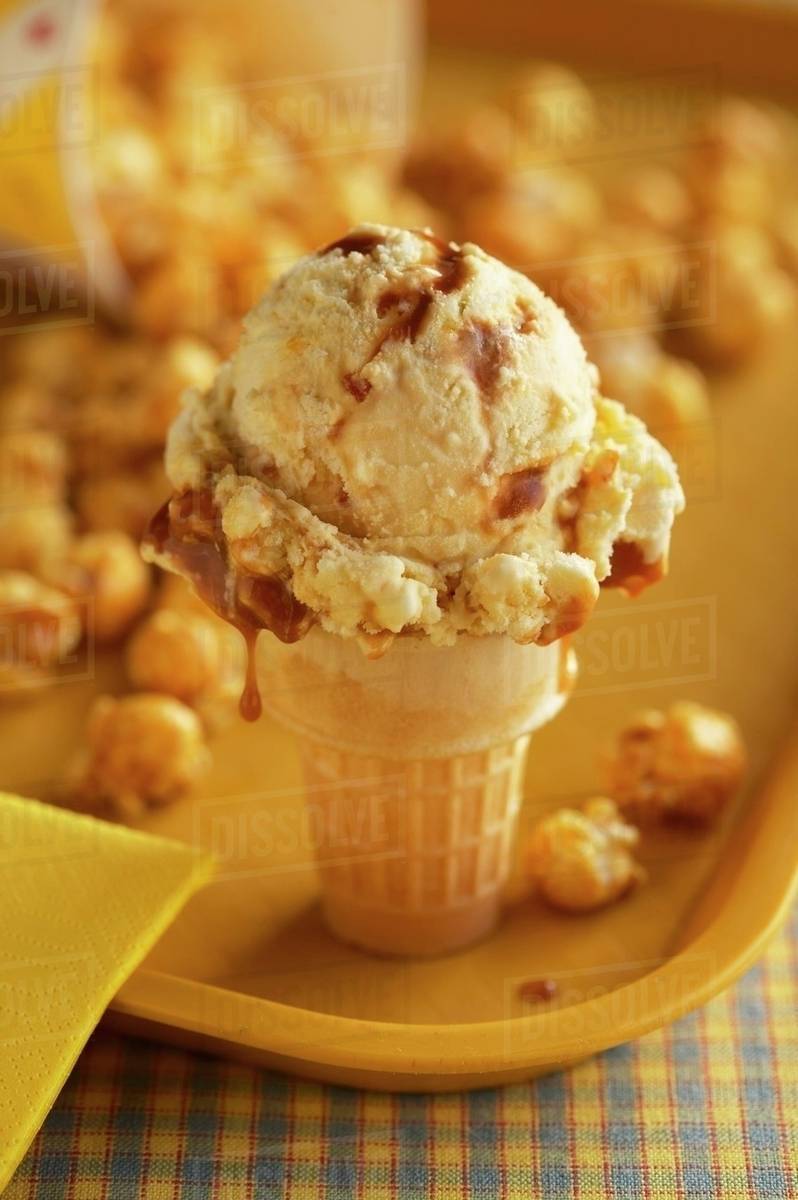 Caramel Ice Cream Cone with Caramel Corn - Stock Photo - Dissolve