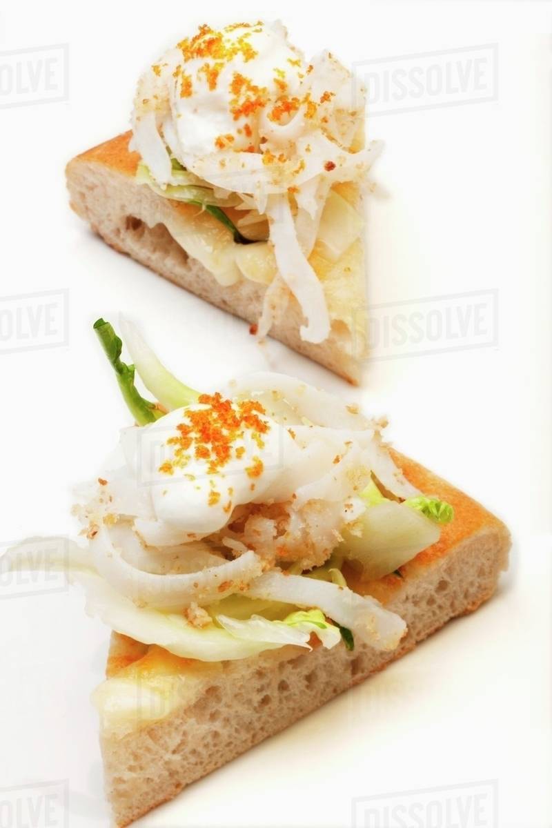 Pizza with squid, chicory, yoghurt foam and grey mullet roe - Royalty ...