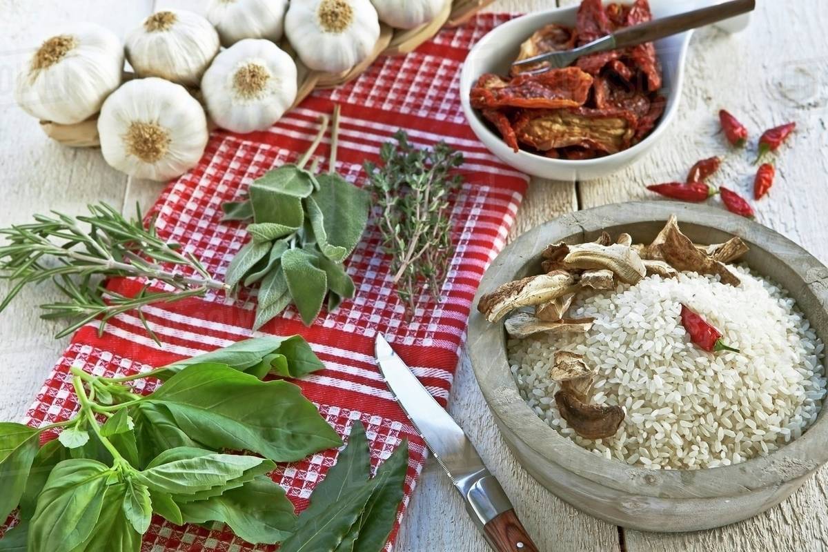 Rice, fresh herbs and spices for Tessin risotto - Royalty-free Stock ...