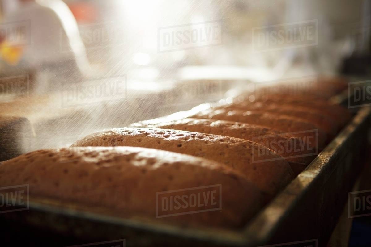 Loaves of bread being sprayed with water - Stock Photo - Dissolve