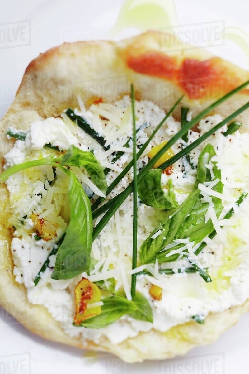 Individual White Pizza with Ricotta Cheese, Chives, Basil and Candied ...