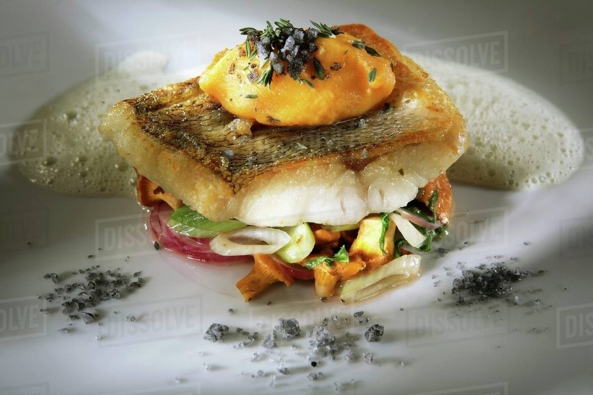 Zander fillet on chanterelles and radishes - Royalty-free Stock Photo ...
