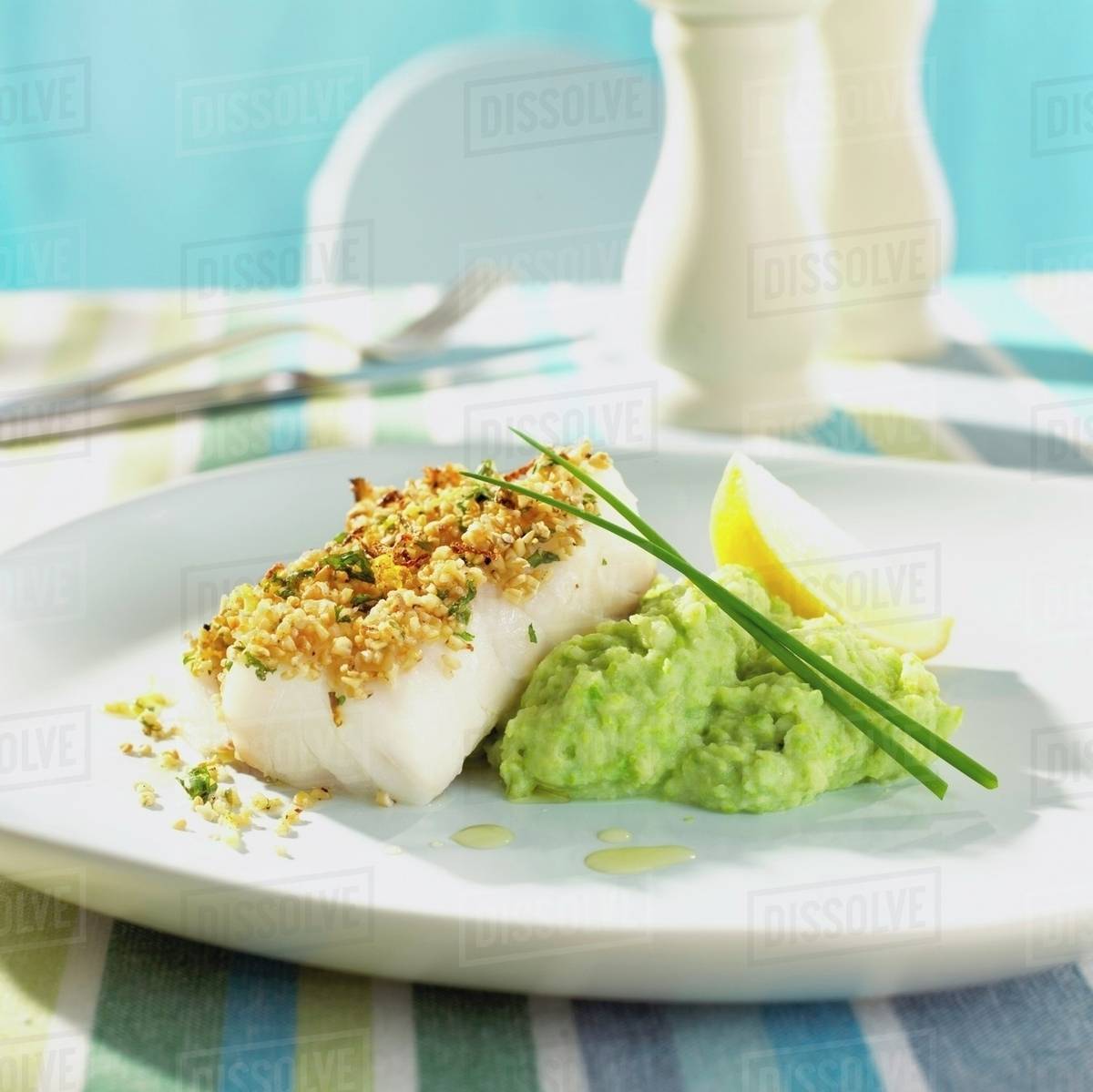 Cod with crust on pea puree - Royalty-free Stock Photo | Dissolve
