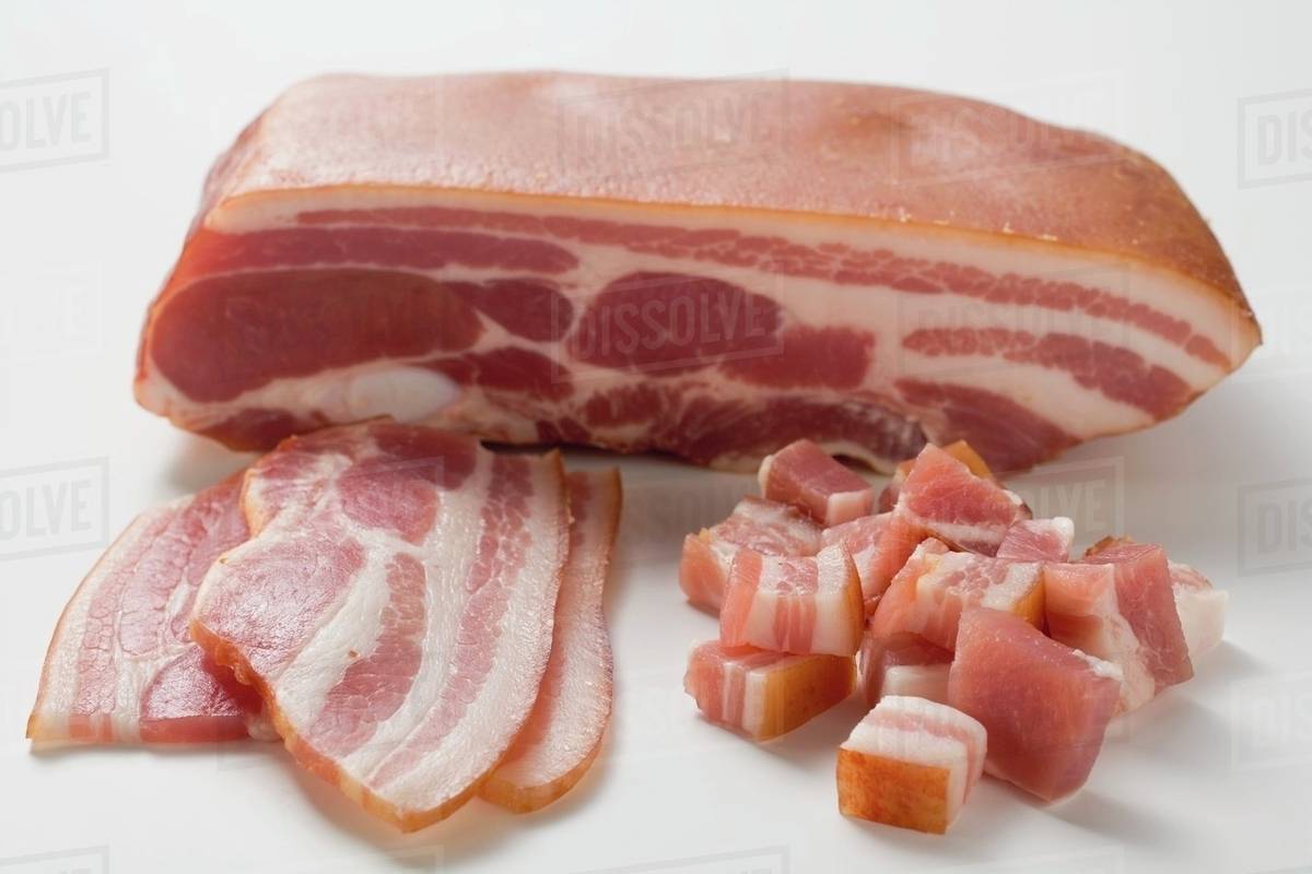 A piece of bacon, slices of bacon and diced bacon - Royalty-free Stock ...