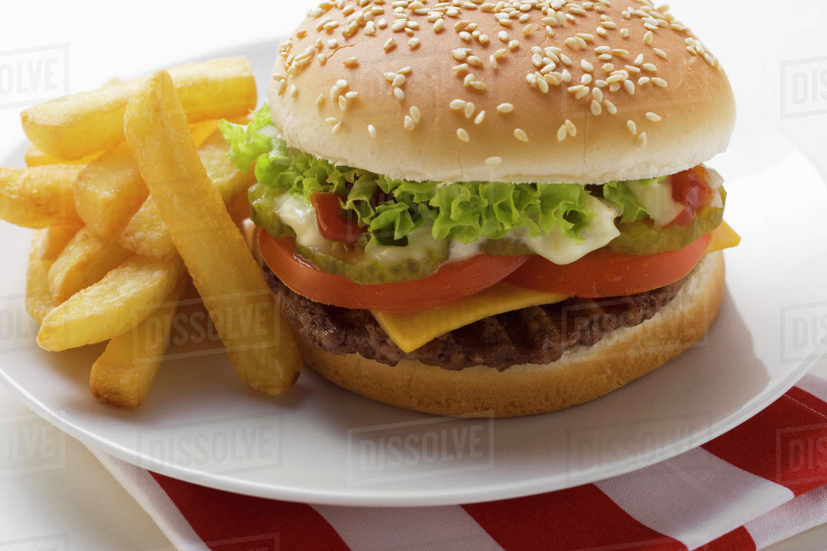 Cheeseburger and Fries on a Plate - Stock Photo - Dissolve