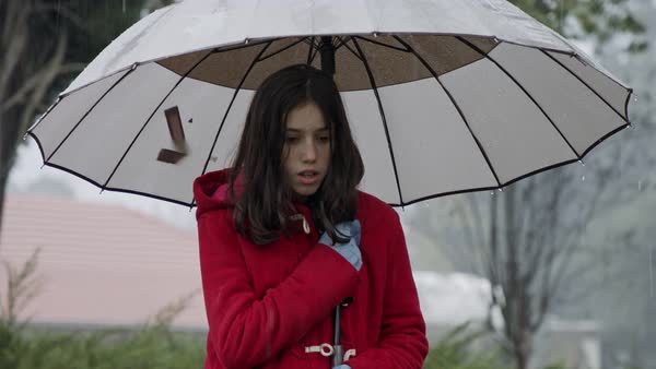 Wet girl standing in the cold rain holding an umbrella - 4K Royalty ...